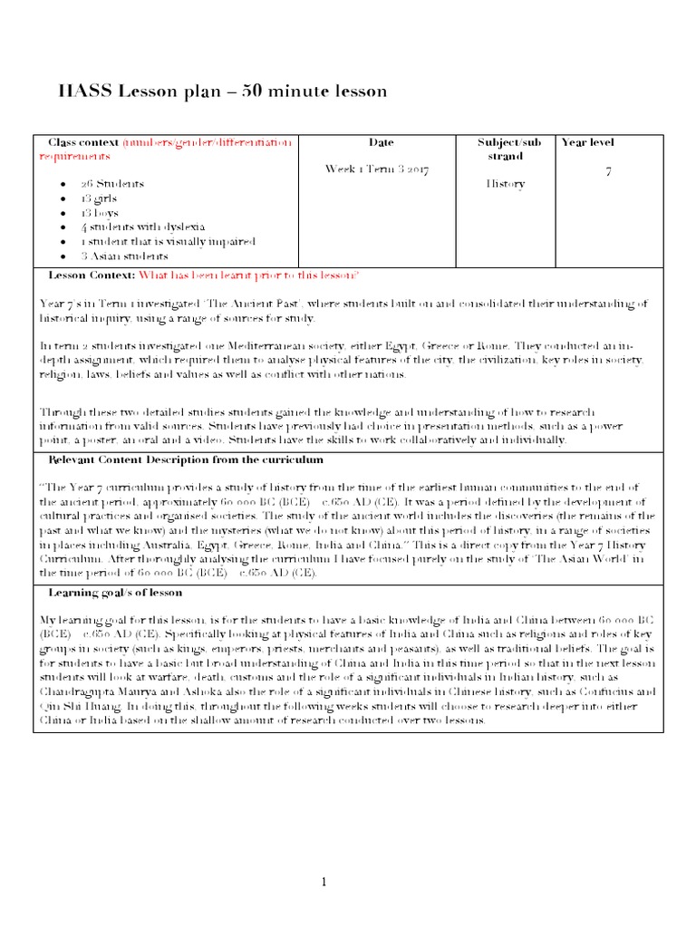 Hass Assignment 2 - Lesson Plan | PDF | Change | Teachers