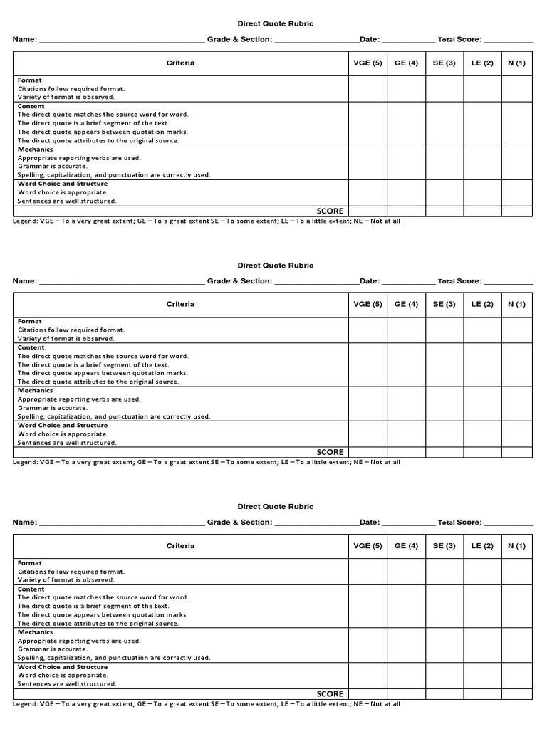Direct Quote Rubric | PDF | Rubric (Academic) | Word