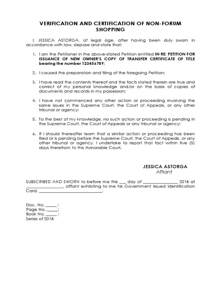 Verification And Certification Of Non-Forum Shopping