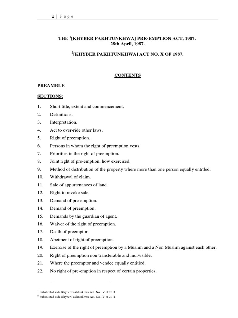1987 10 The North West Frontier Province Pre Emption Act 1987 PDF | PDF ...