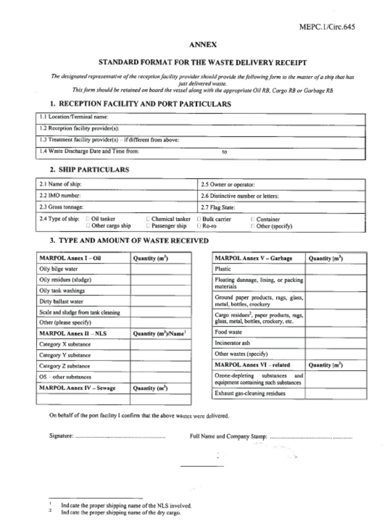 IMO Ship Waste Delivery Receipt Mepc - Circ - 645 | PDF | Ships | Water ...