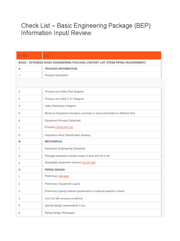 Check List - Basic Engineering Package (BEP) Information Input/ Review ...