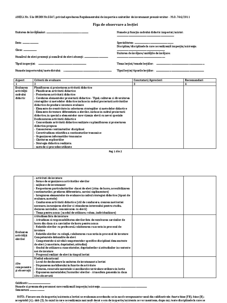 ANEXA Nr-5-Fisa de Observare Lectie | PDF