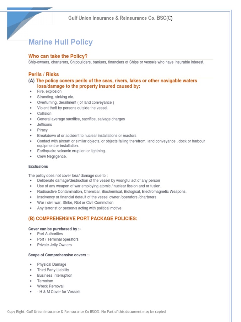 Marine Hull Insurance Policy PDF | PDF | Ships | Reinsurance