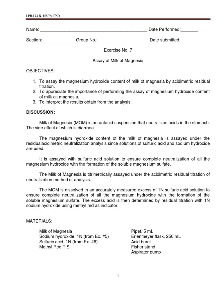 ACTIVITY 7 Milk of Magnesia | PDF | Magnesium | Titration