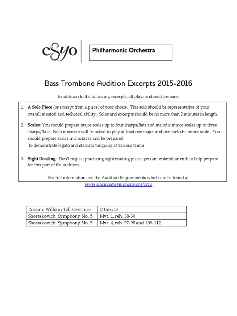 Bass Trombone Audition Excerpts for Philharmonic Orchestra | PDF