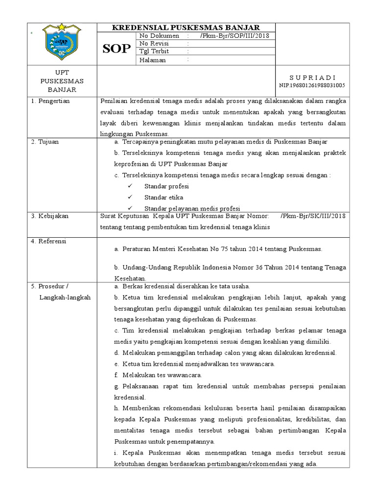 SOP Kredensial Tenaga Medis Puskesmas | PDF