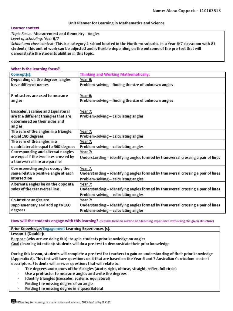 Angles Unit Planner | PDF | Triangle | Educational Assessment