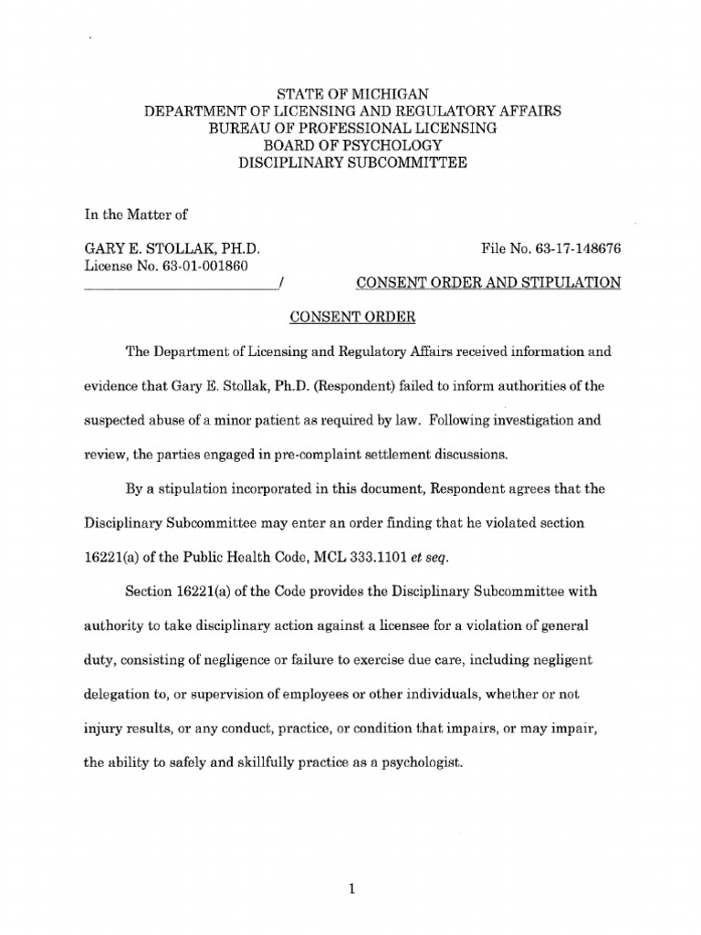 Gary E Stollak Consent Order LARA | PDF | Consent Decree | Consent