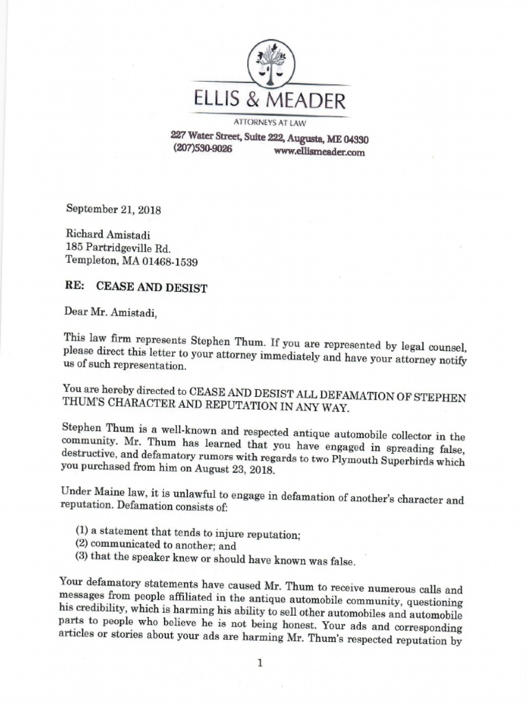 Cease and Desist - Stephen Thum v. Richard Amistadi | PDF