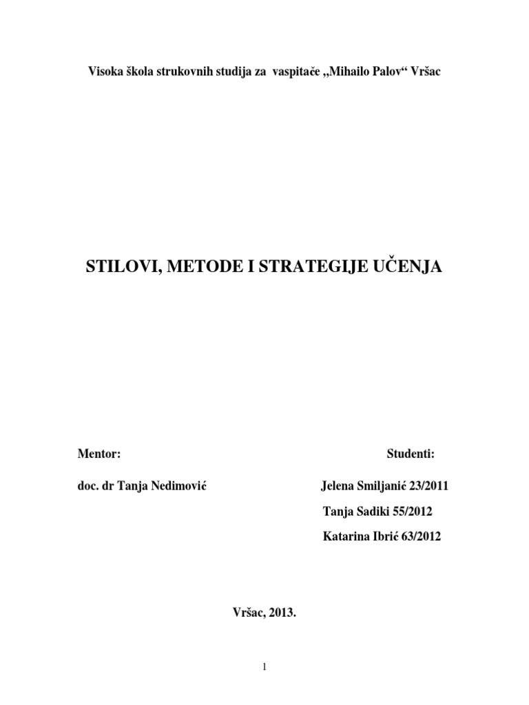 Stilovi Metode I Strategije Ucenja PDF | PDF