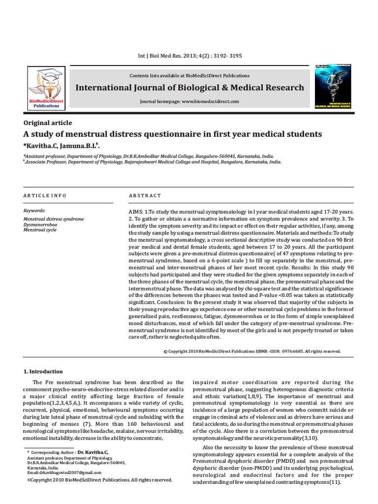 A Study of Menstrual Distress Questionnaire in First Year Medical ...