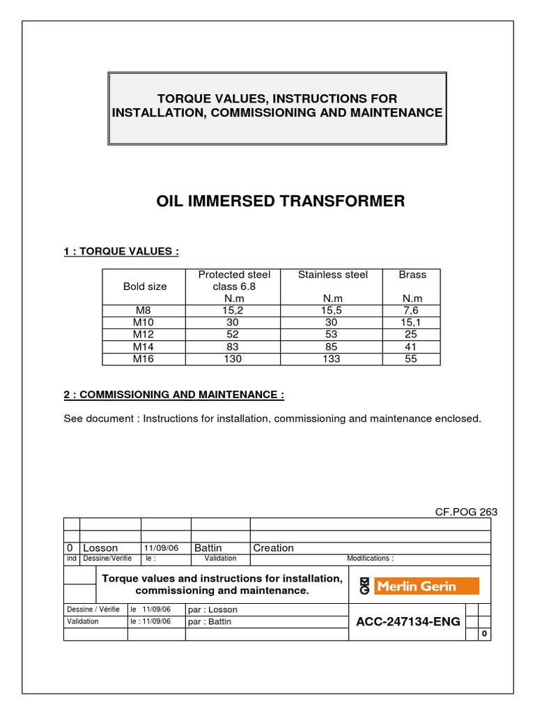 Oil Immersed Transformer: Torque Values, Instructions For Installation ...