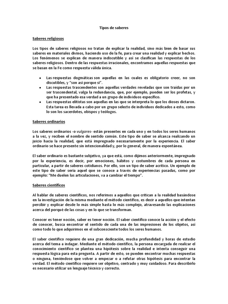 Tipos de Saberes | PDF | Science | Método científico