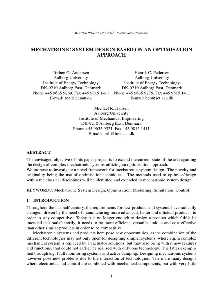 Mechatronic System Design Based On An Optimisation Approach Pdf