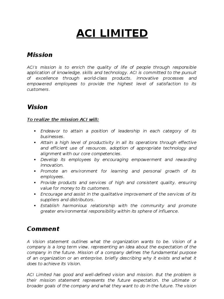 ACI Limited - Vision & Mission | PDF | Business | Leadership