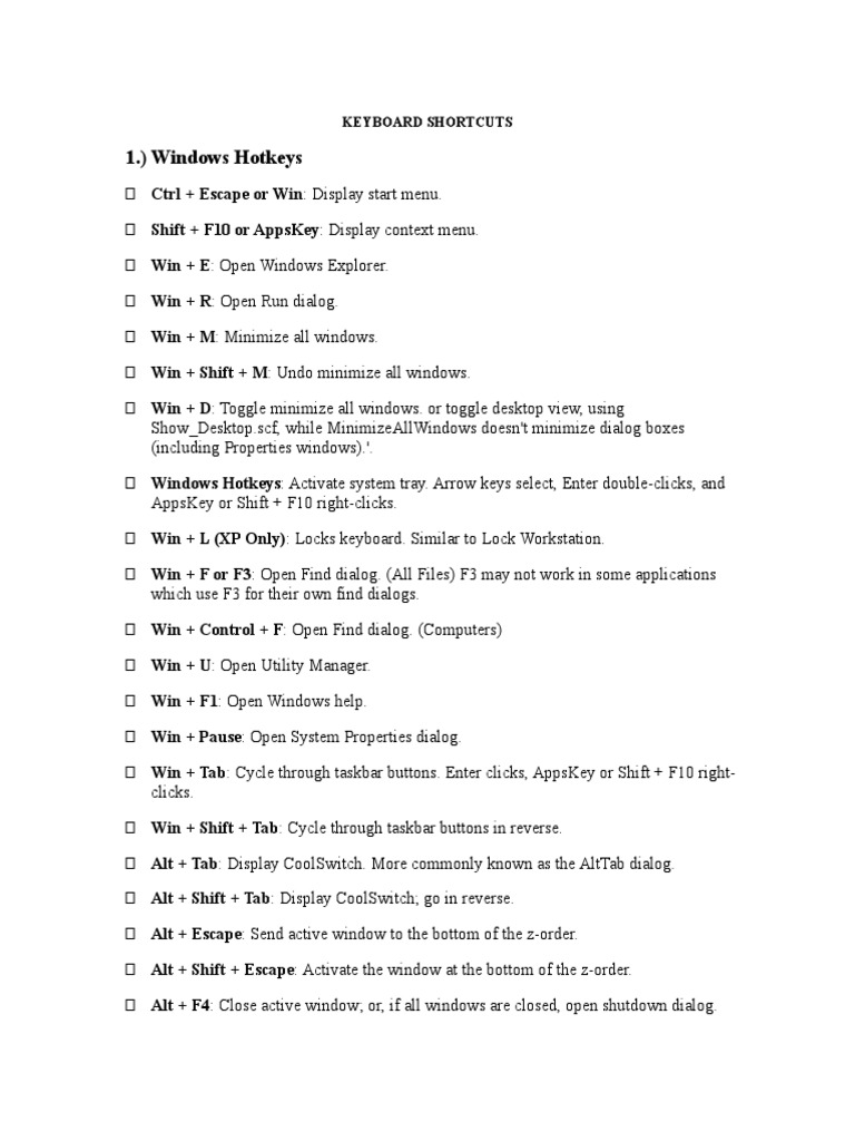 1.) Windows Hotkeys: Keyboard Shortcuts | Download Free PDF | Windows ...