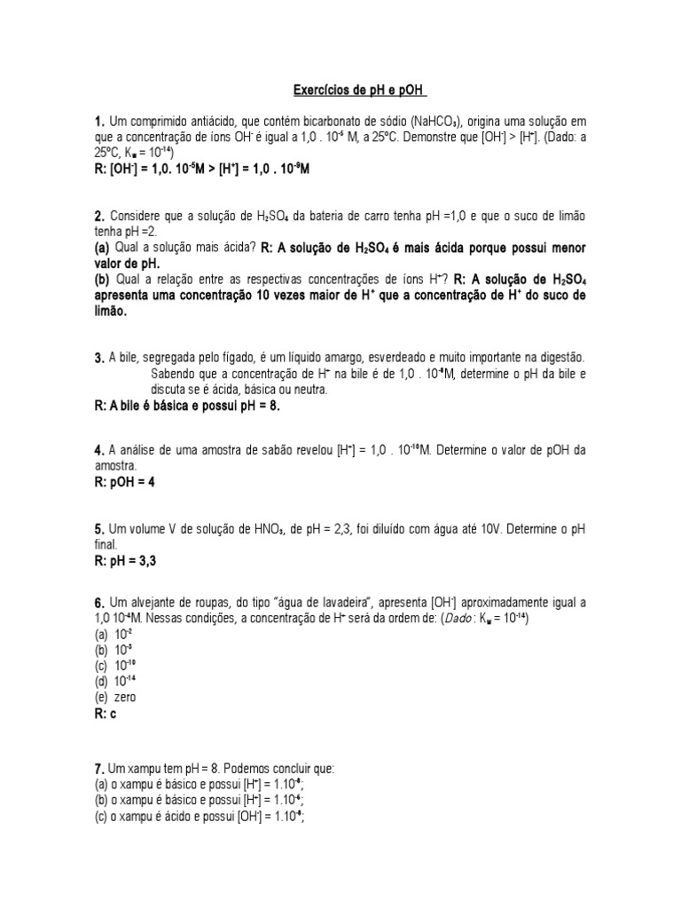 Exercícios de PH e POH | PDF | Ph | Ácido