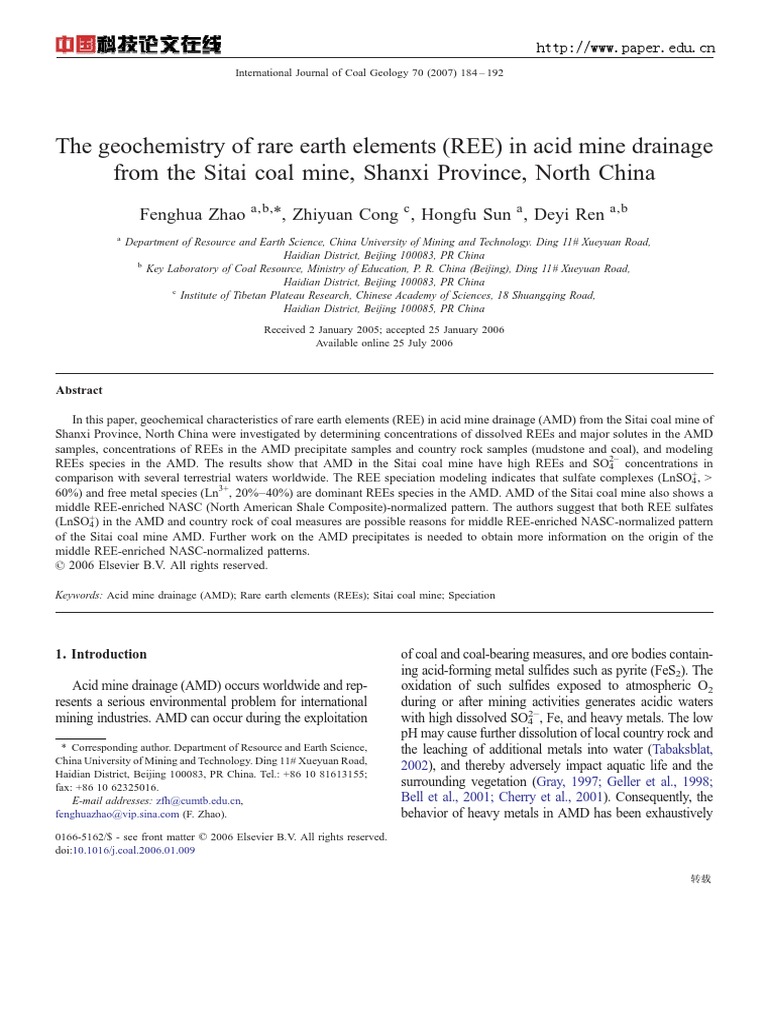The Geochemistry of Rare Earth Elements (REE) in Acid Mine Drainage ...