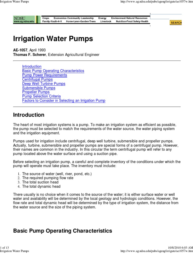 Irrigation Water Pumps Pdf Pump Horsepower