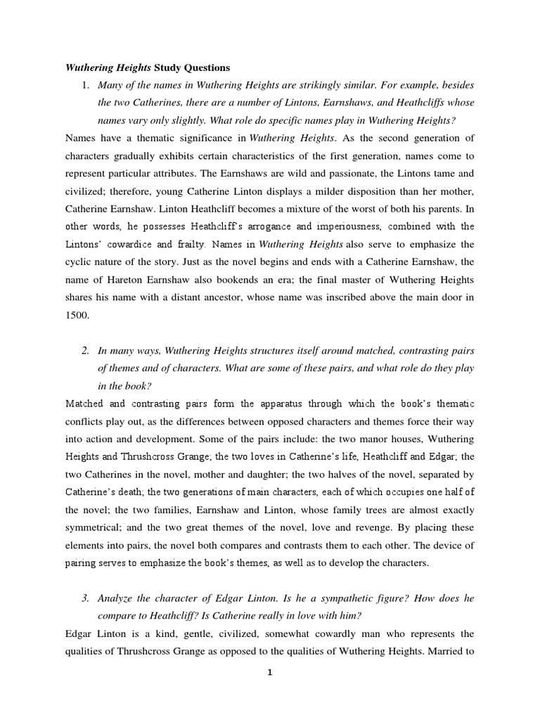 Wuthering Heights Study Guide Questions | PDF | Heathcliff (Wuthering ...