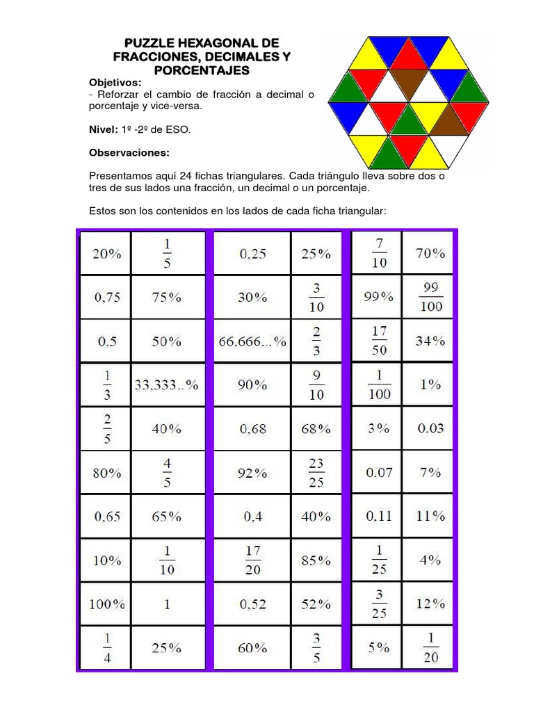 Puzzle Hexagonal: Fracciones y Decimales | PDF