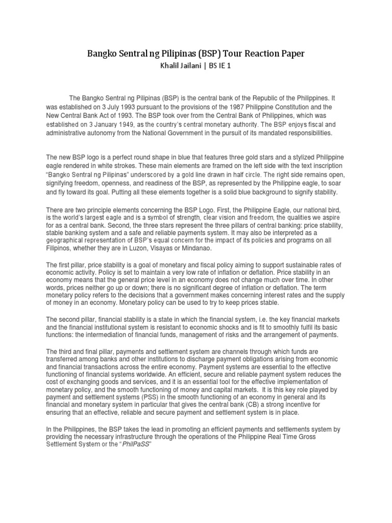 Bangko Sentral NG Pilipinas (BSP) Tour Reaction Paper: Khalil Jailani ...