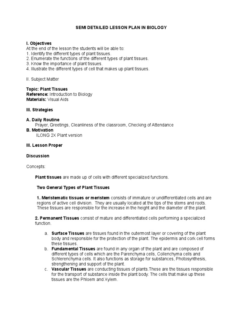 Semi-Detailed Lesson Plan in Biology | PDF | Tissue (Biology) | Plant ...