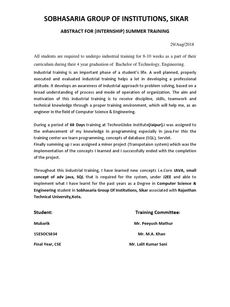 Sobhasaria Group of Institutions, Sikar: Abstract For (Internship ...
