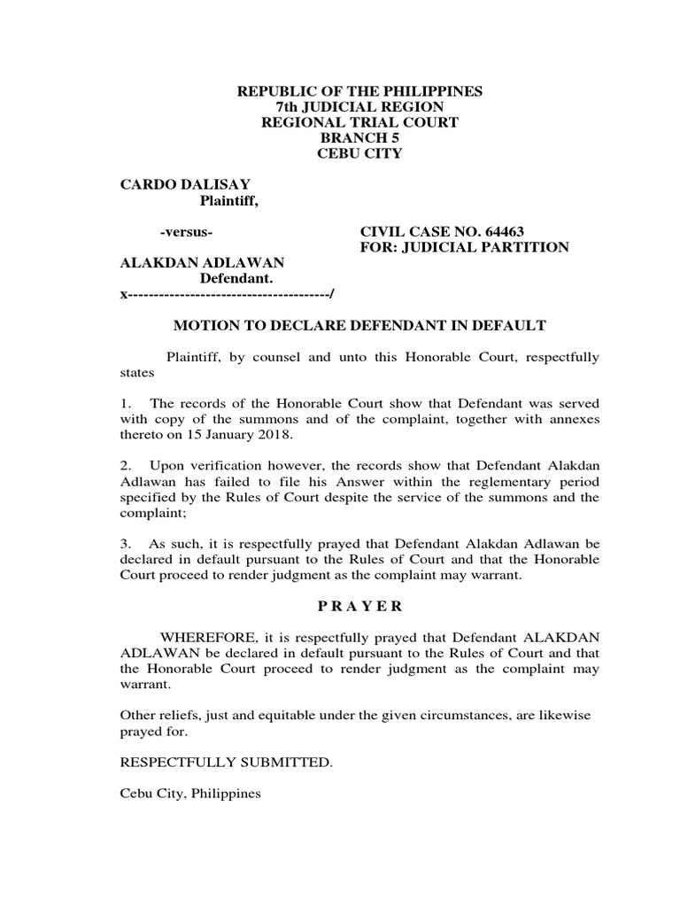 Motion To Declare Defendant in Default Judicial Partition | PDF ...