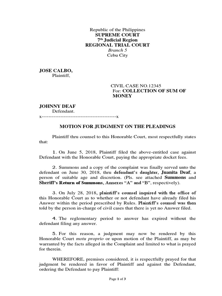 Motion-For Judgment On The Pleadings | PDF | Complaint | Lawsuit