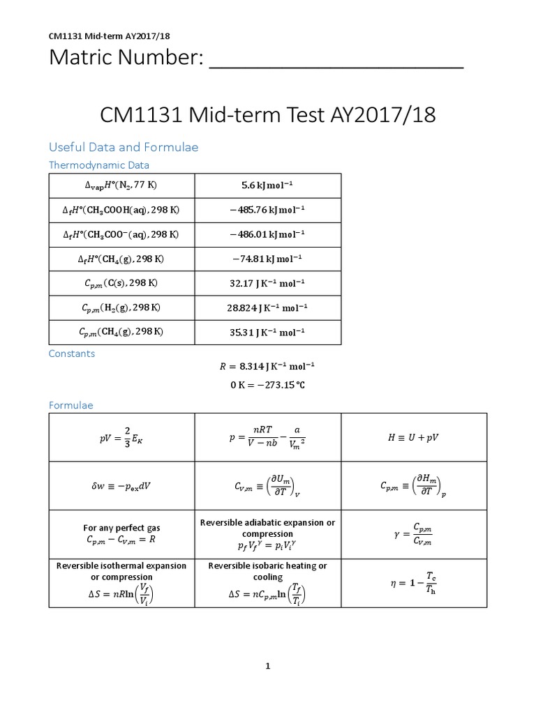 CM1131 Mid-Term 2017-18 Solutions | PDF | Gases | Mole (Unit)