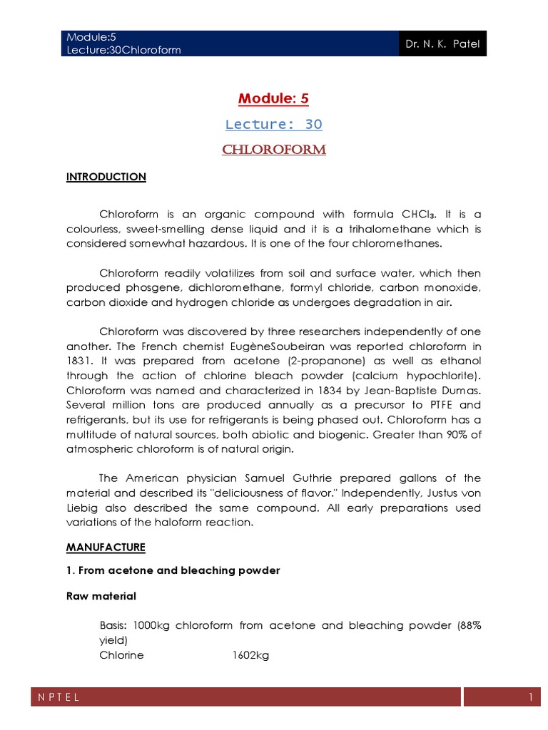 Lecture 30 Chloroform PDF | PDF | Chloroform | Chlorine