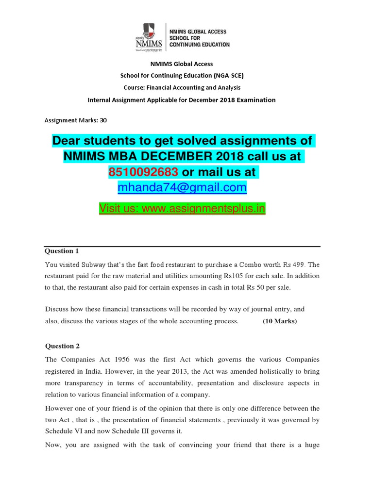 Financial Accounting and Analysis Assignment Nmims, Mba, Solved Assignments, December 2018 Exam ...