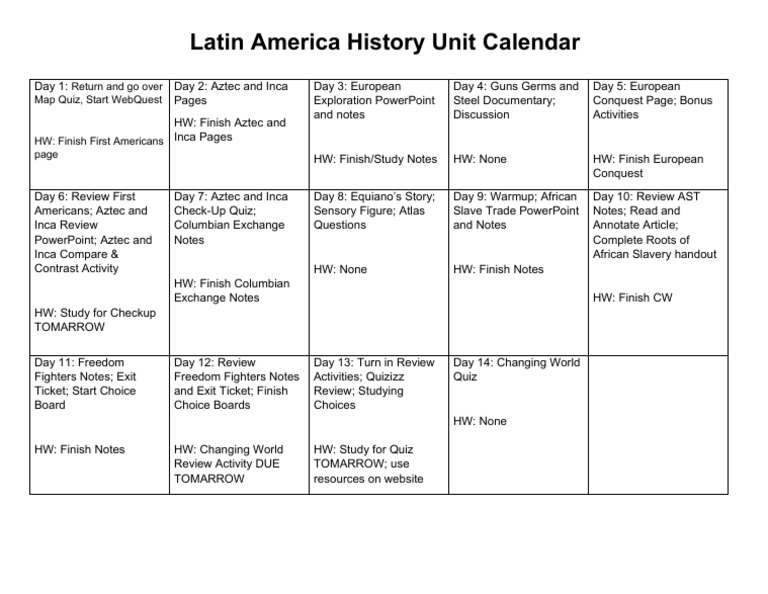 Latin America History Unit Calendard | PDF