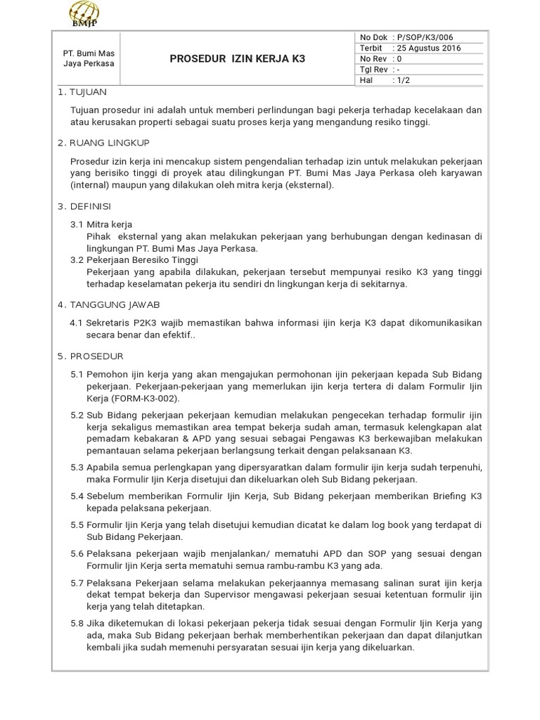 P SOP K3 006 Prosedur Izin Kerja | PDF