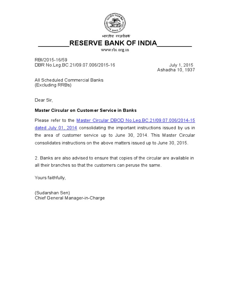 RBI Master Circular on Customer Service | PDF | Cheque | Financial ...