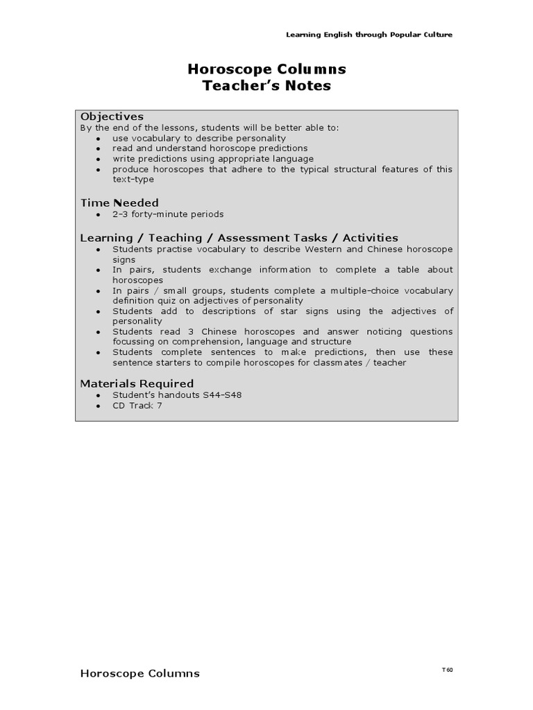 Horoscope Columns Teacher's Notes: Objectives | PDF | Astrological Sign ...