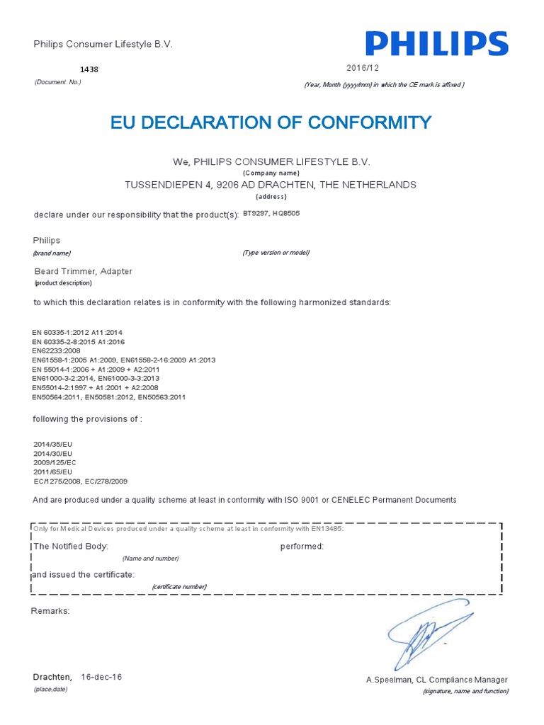 Philips Bt9297 Declaration of Conformity | Download Free PDF | Iso 9000 ...
