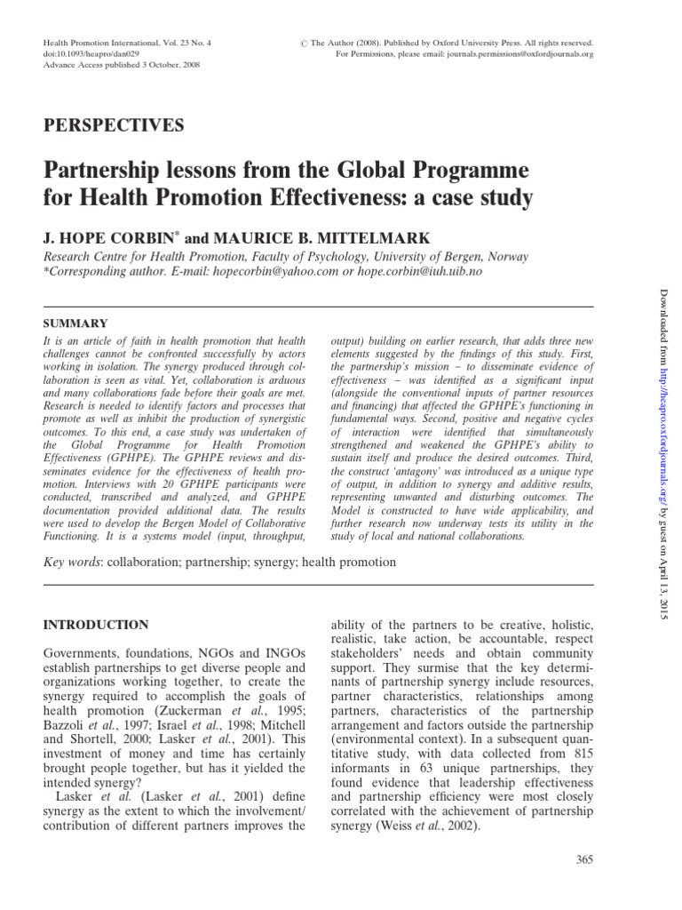 Partnership Lessons From The Global Programme For Health Promotion ...