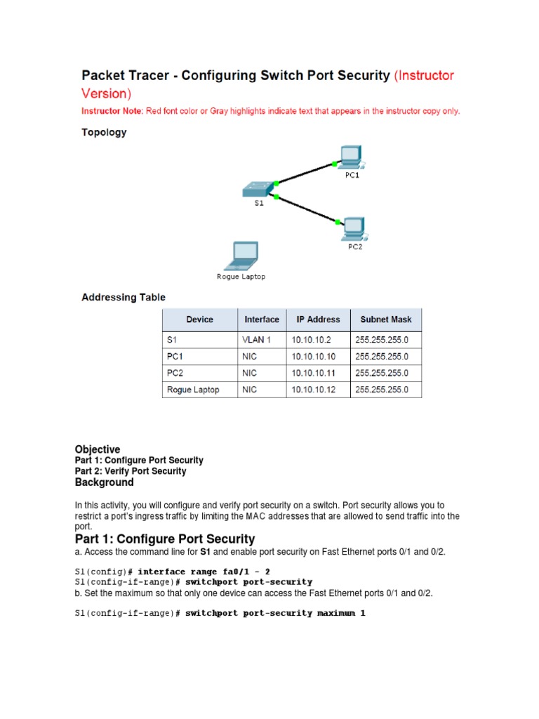 2.2.4.9. Packet Tracer - Configuring Switch Port Security | PDF | Networking Standards ...