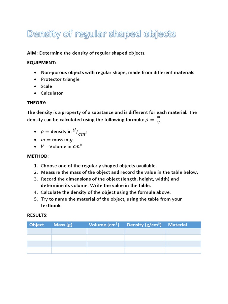 AIM: Determine The Density of Regular Shaped Objects. Equipment | PDF