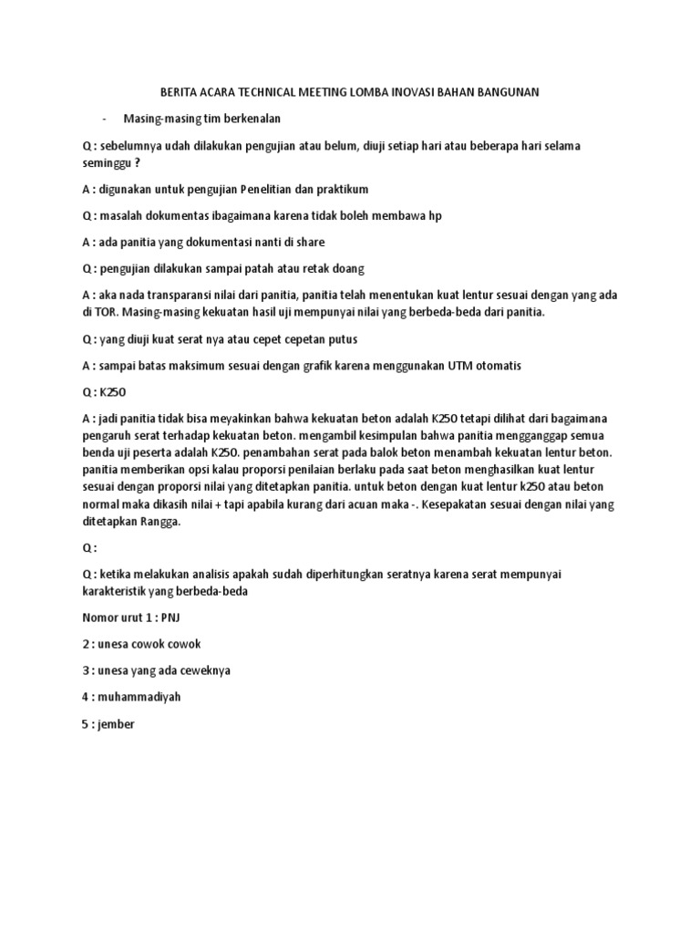Berita Acara Technical Meeting Lomba Inovasi Bahan Bangunan | PDF