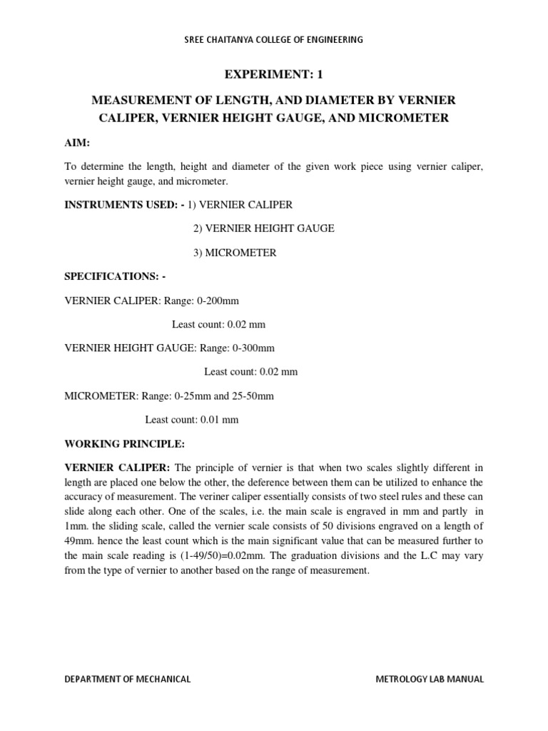Experiment: 1 Measurement of Length, and Diameter by Vernier Caliper ...