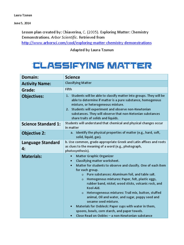 Classifying Matter Lesson Plan | PDF | Mixture | Homogeneity And ...