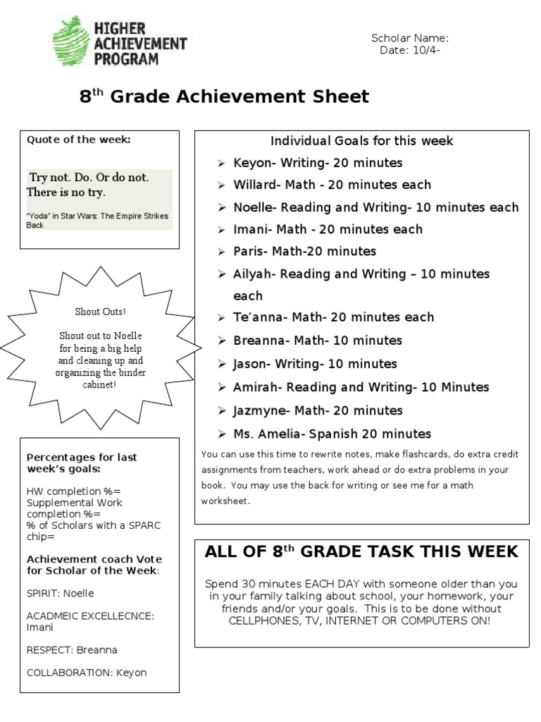 8th Grade Achievement Sheet Week2 | PDF | Homework