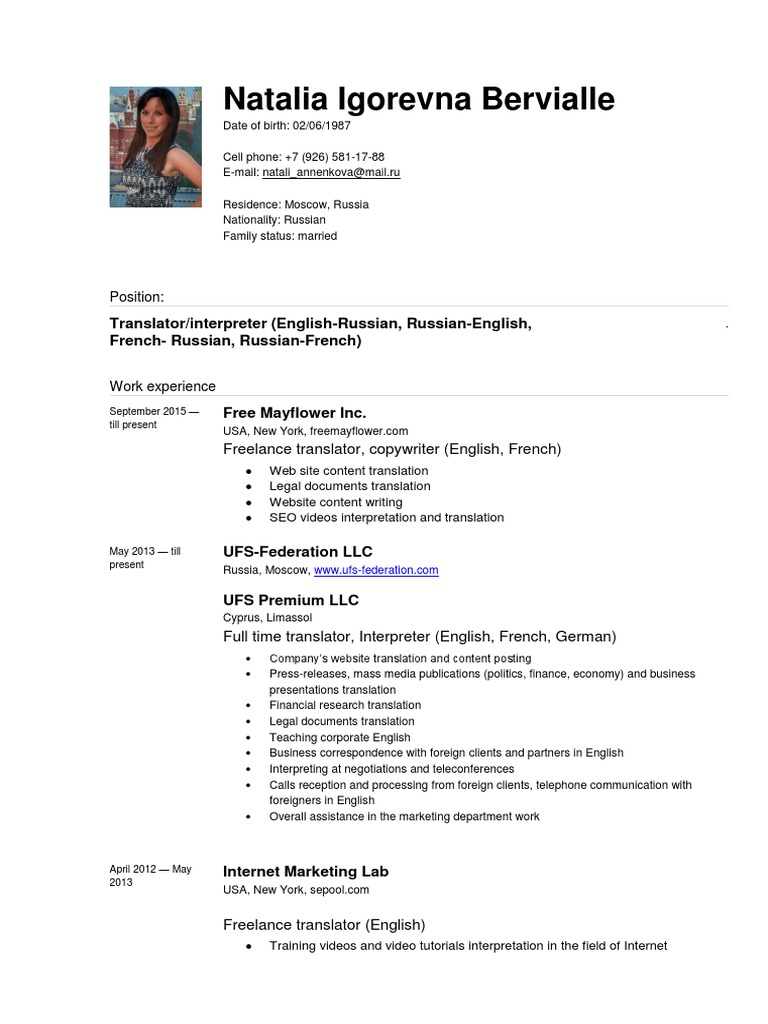 Russian Translator Résumé Natalia Bervialle | PDF | Language ...