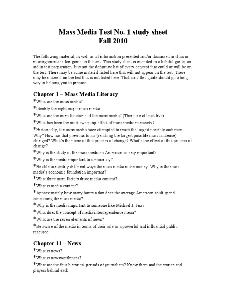Mass Media Test No. 1 Study Sheet Fall 2010 | PDF | Mass Media | News