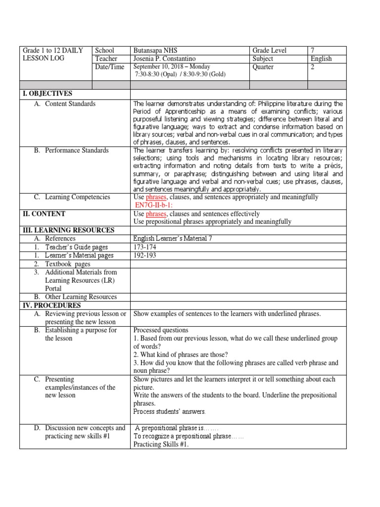 I. Objectives: Phrases EN7G-II-b-1: Phrases | PDF | Phrase | Learning