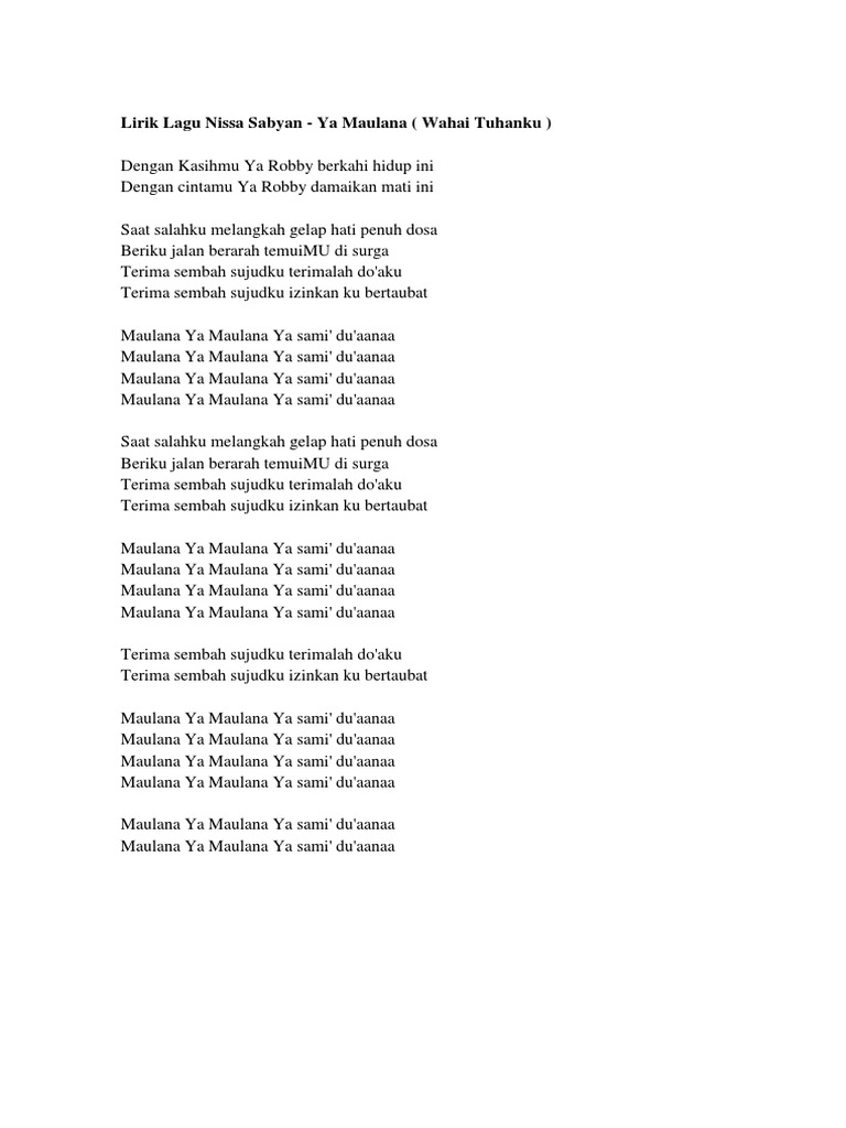 Lirik Lagu Nissa Sabyan Ya Maulana | PDF